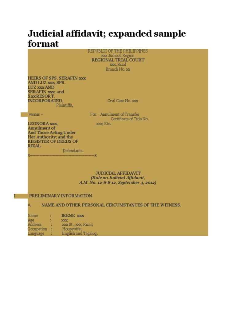 Judicial Affidavit Expanded Sample Format: (Rule On Judicial Affidavit ...