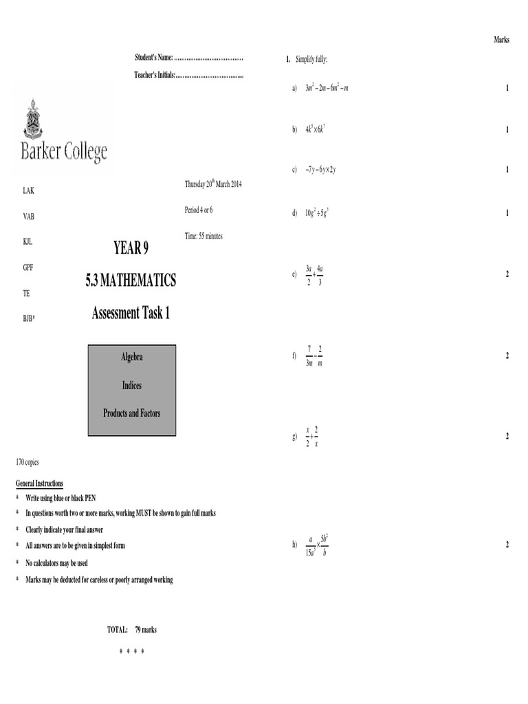 Year 9 Algebra and Indices Exam | PDF | Teaching Mathematics