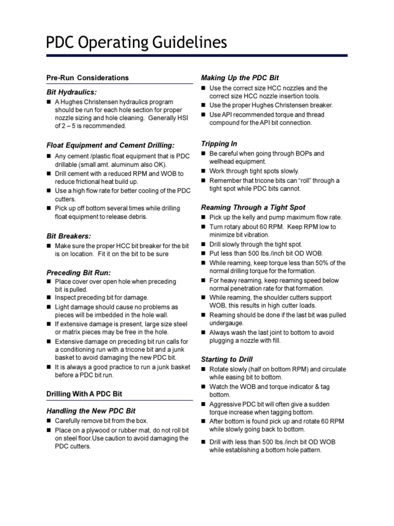 PDC Operating Guidelines: Pre-Run Considerations | PDF | Drilling | Drill