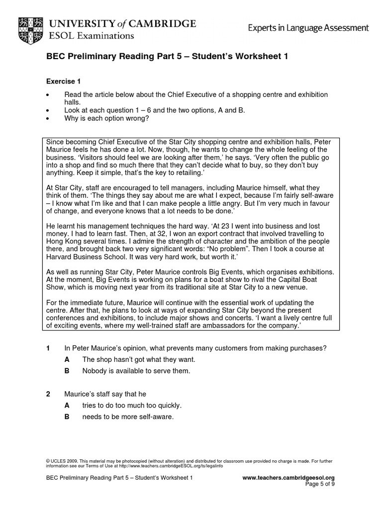 BEC Preliminary Reading Part 5 - Student's Worksheet 1: Exercise 1 ...