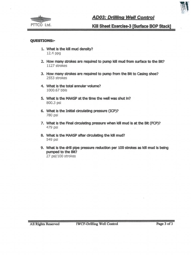 Kill Sheet Exercise 3 - Surface BOP Stack | PDF