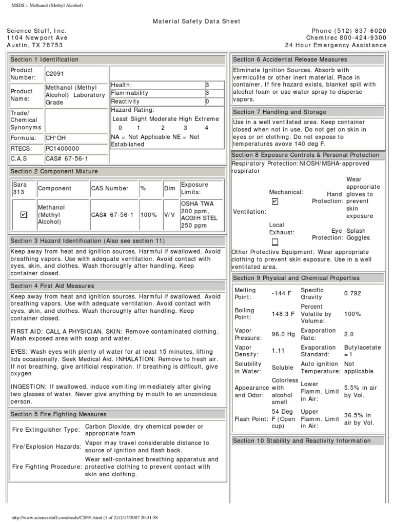 Methanol MSDS Overview | PDF | Breathing | Atmosphere Of Earth