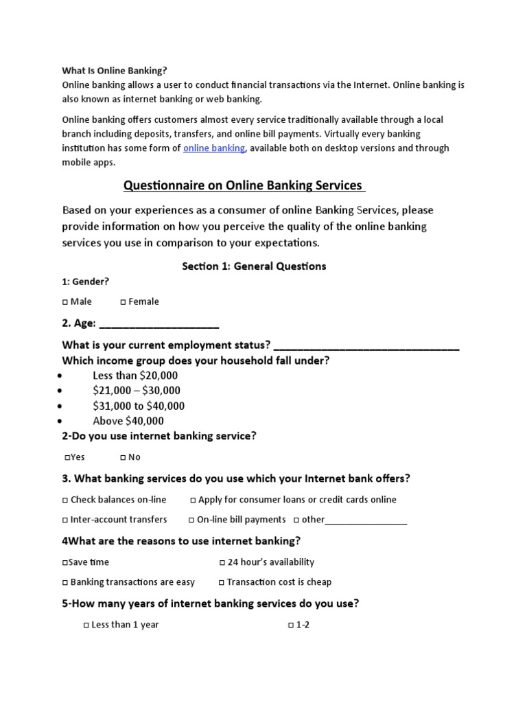 Questionnaire On Online Banking Services123 Pdf Online Banking