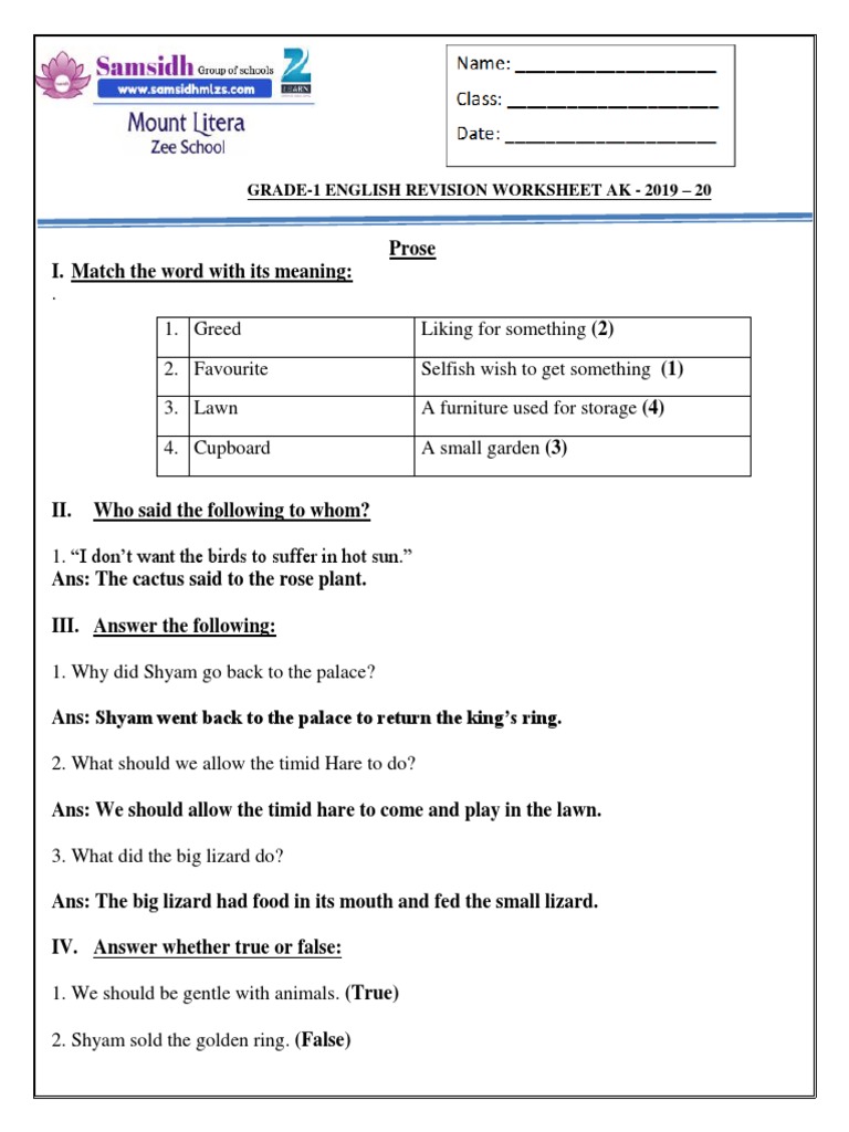 Grade-1 English Revision Worksheet Ak - 2019 - 20 | PDF