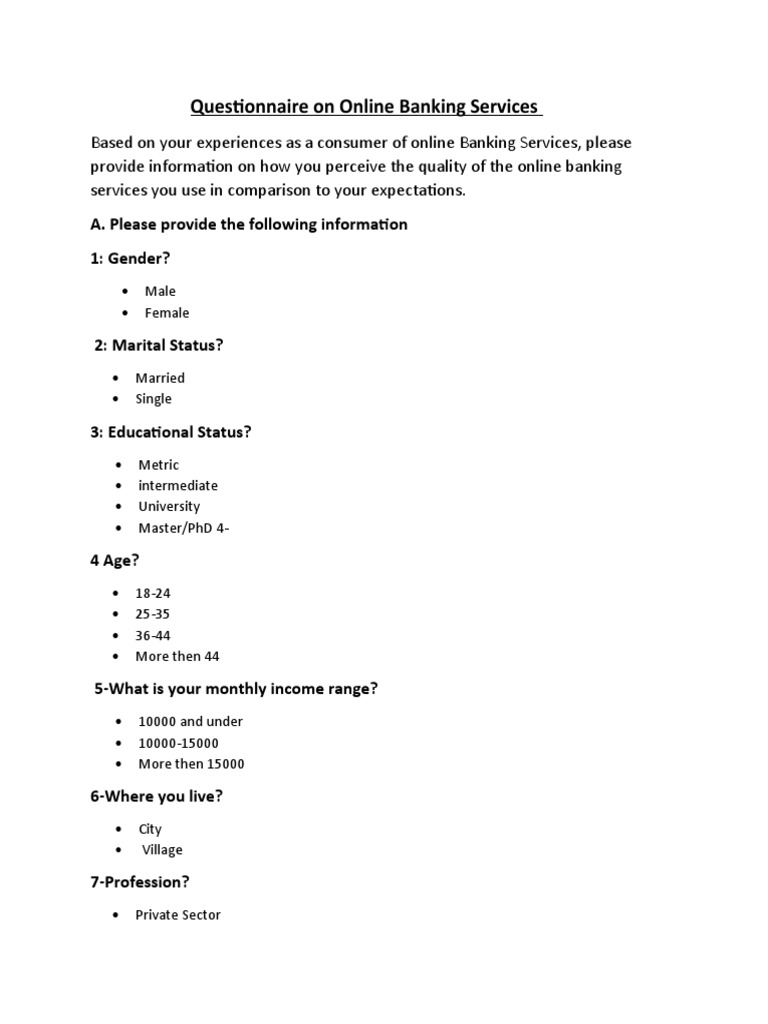 Questionnaire On Online Banking Services112 | PDF | Online Banking ...