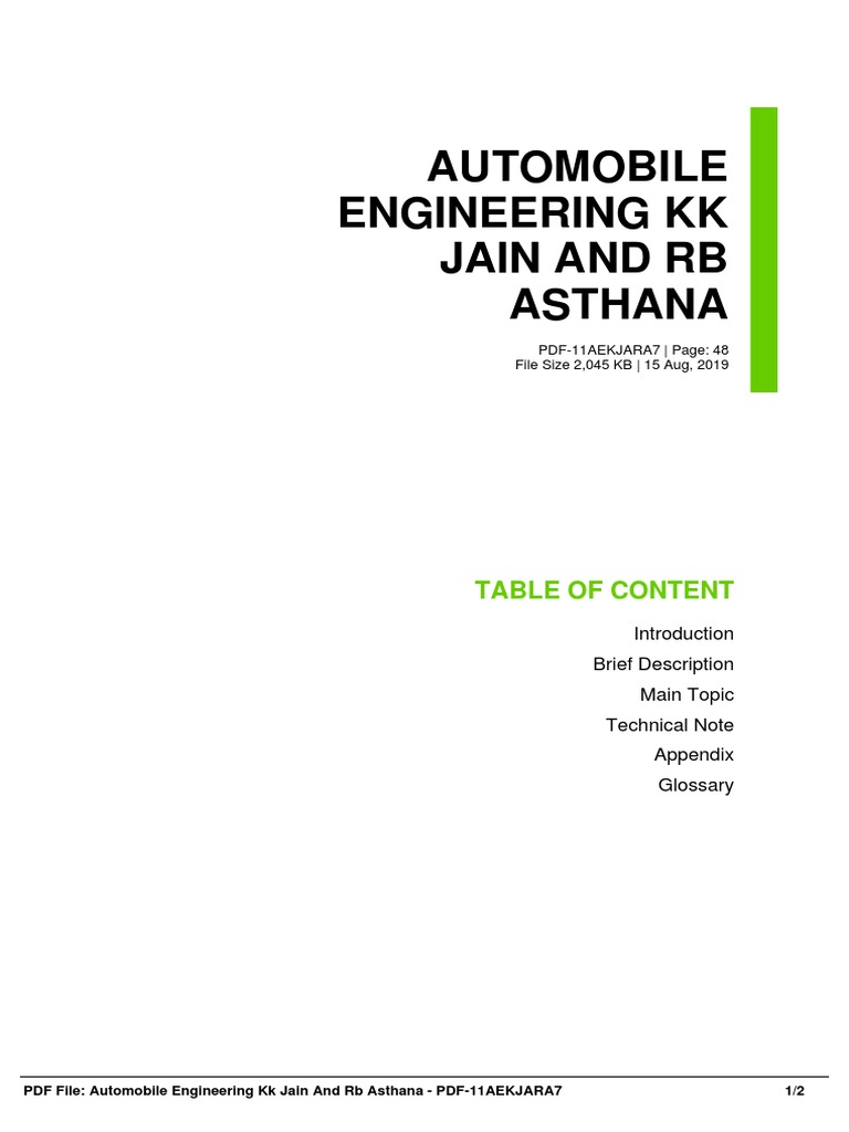 A Comprehensive Guide to Automobile Engineering: Table of Contents and ...