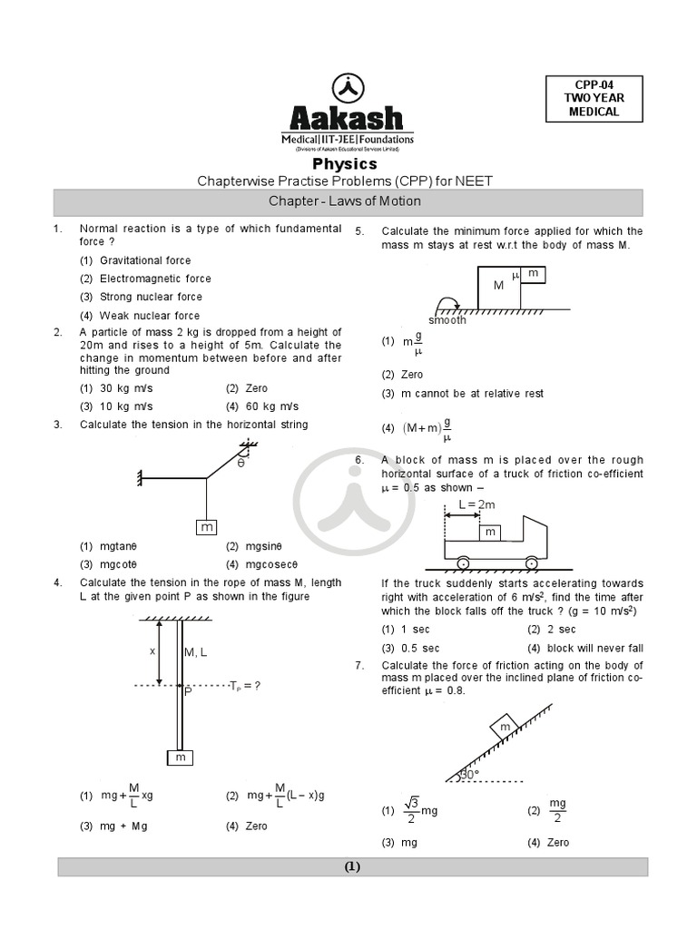 Physics: Chapter - Laws of Motion Chapterwise Practise Problems (CPP) For NEET | PDF | Friction ...