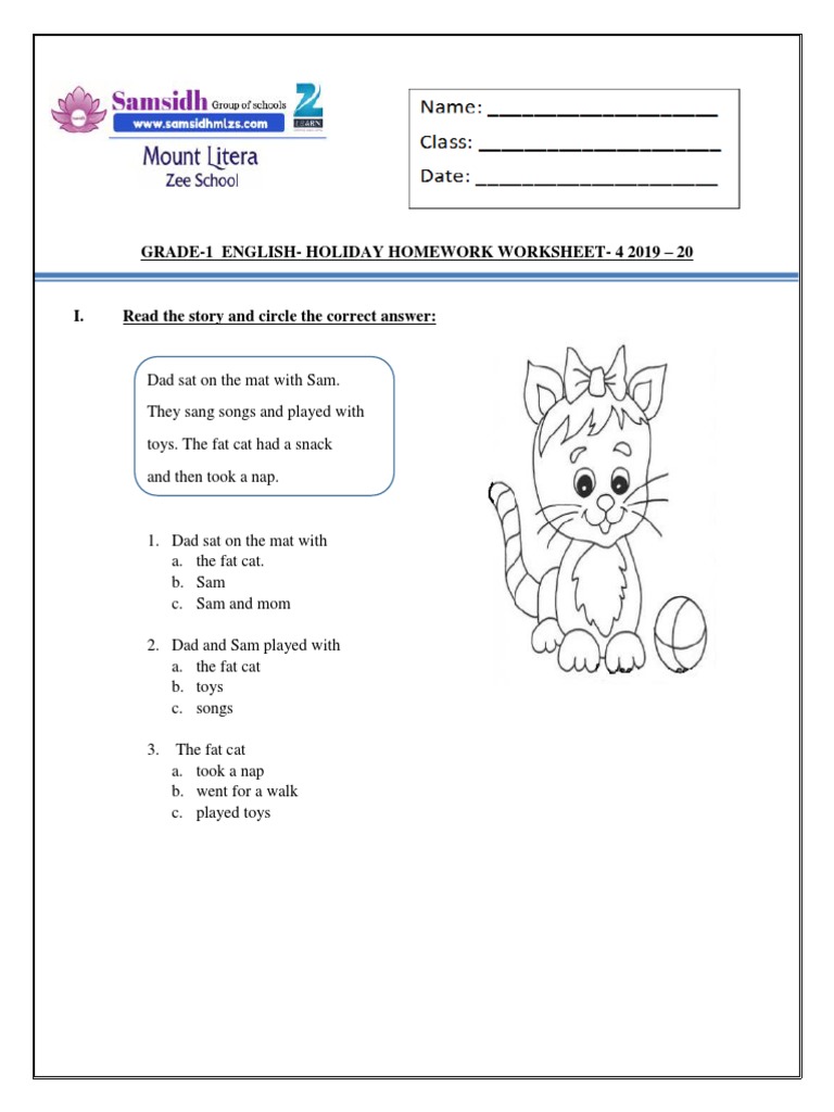 Grade-1 English-Holiday Homework Worksheet - 4 2019 - 20 | PDF