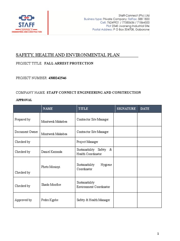 Safety, Health and Environmental Plan: Project Title: Fall Arrest ...