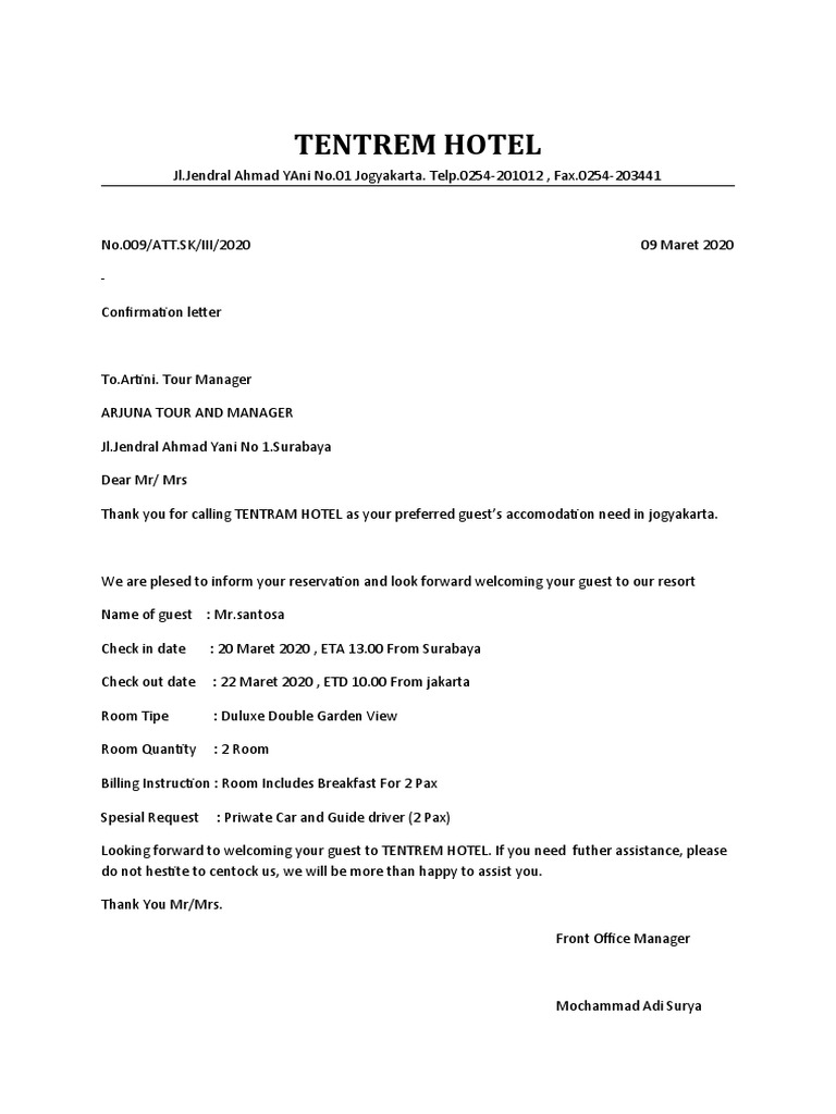 Confirmation Letter TENTREM HOTEL | PDF