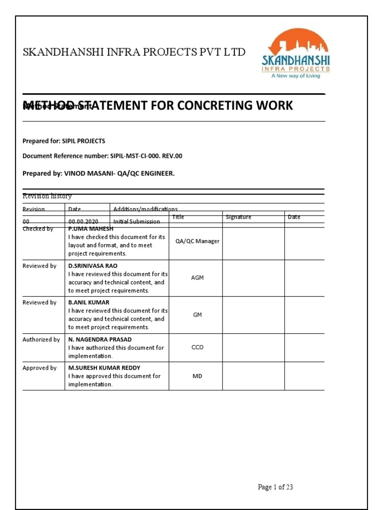 Method Statement For Concreting | PDF | Concrete | Fly Ash
