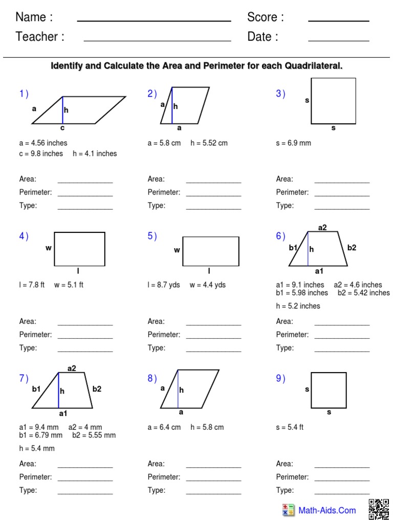 Name: Teacher: Date: Score:: Identify and Calculate The Area and ...