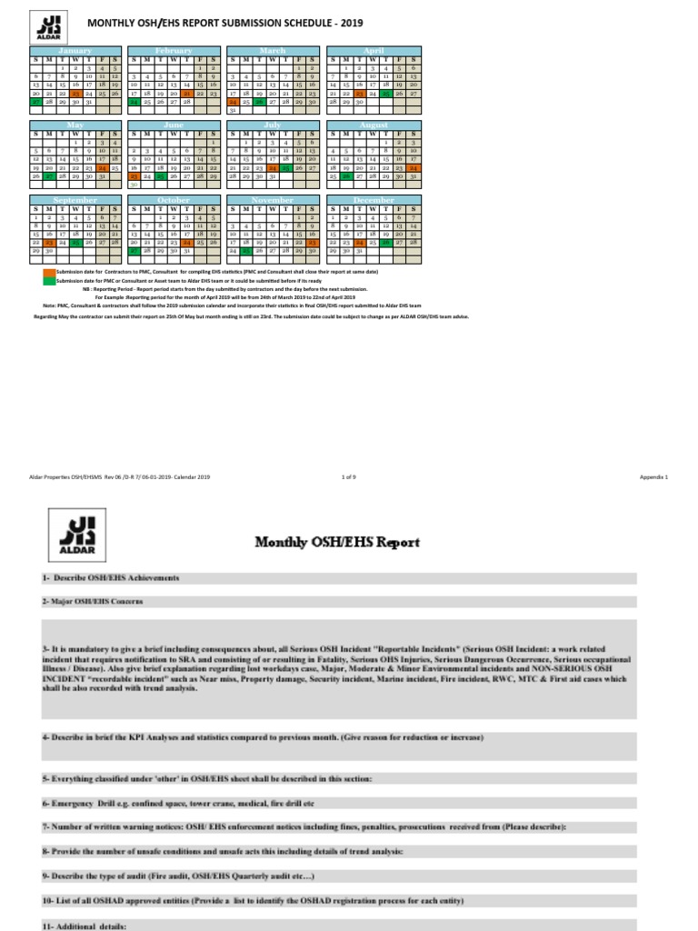 Monthly Osh/Ehs Report Submission Schedule - 2019: January February ...