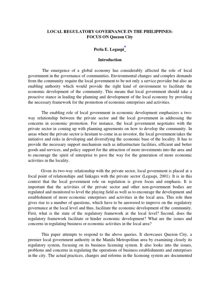 Local Regulatory Governance in The Philippines: FOCUS ON Quezon City ...