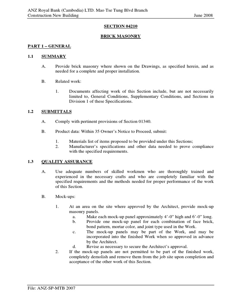 ANZ Royal Bank Brick Masonry Project | PDF | Brick | Lime (Material)