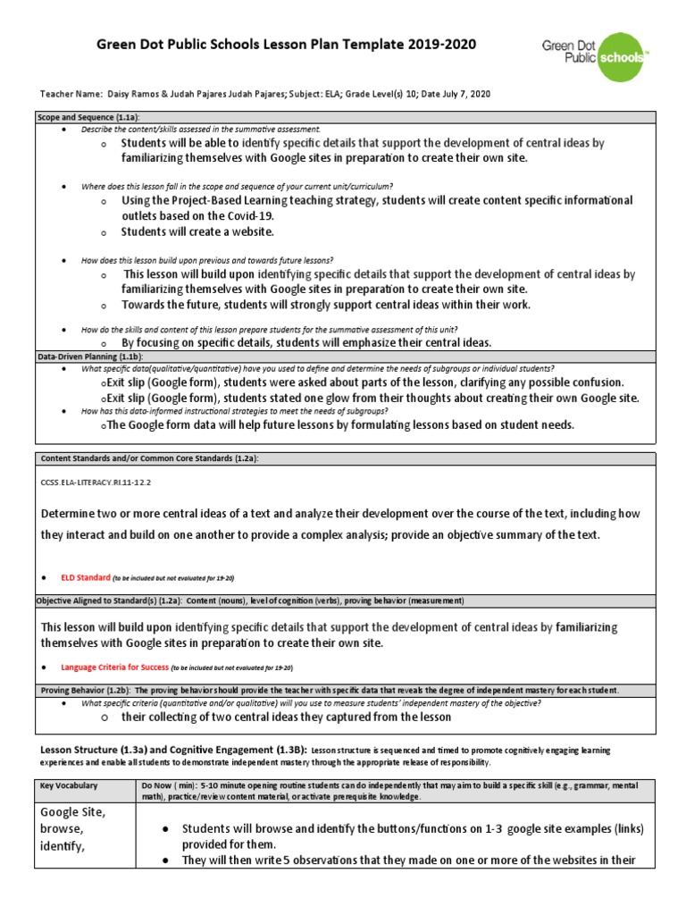 Green Dot Public Schools Lesson Plan Template 2019-2020 | PDF | Lesson ...