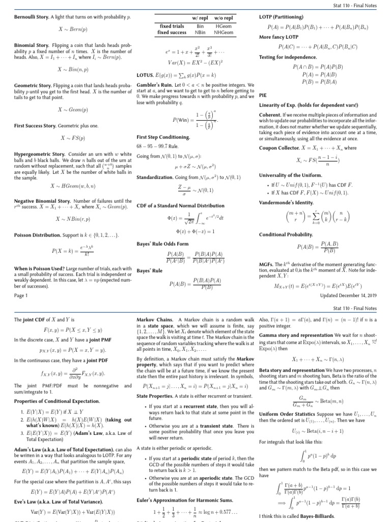 Stat110 Cheatsheet PDF | PDF | Markov Chain | Poisson Distribution
