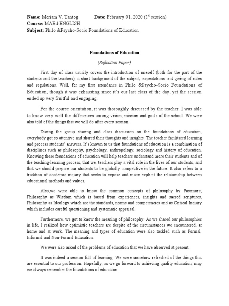 Foundations of Education Reflection Paper | PDF | Philosophical Realism ...