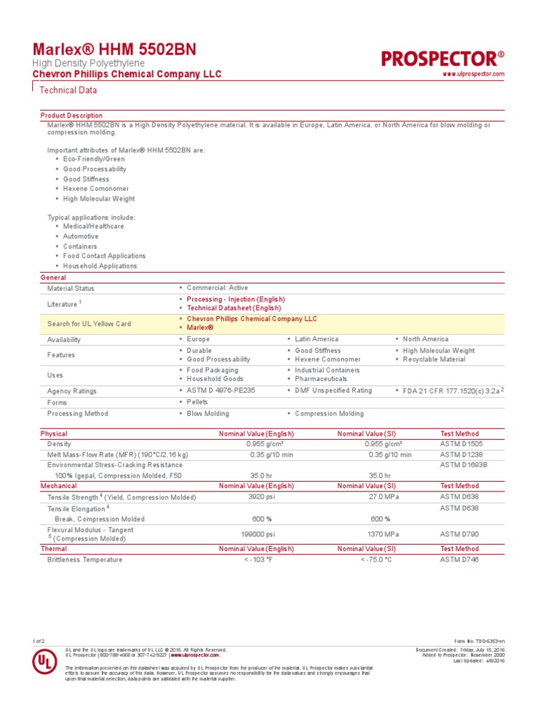 Technical Data Sheet Marlex | PDF | Ultimate Tensile Strength | Polyethylene