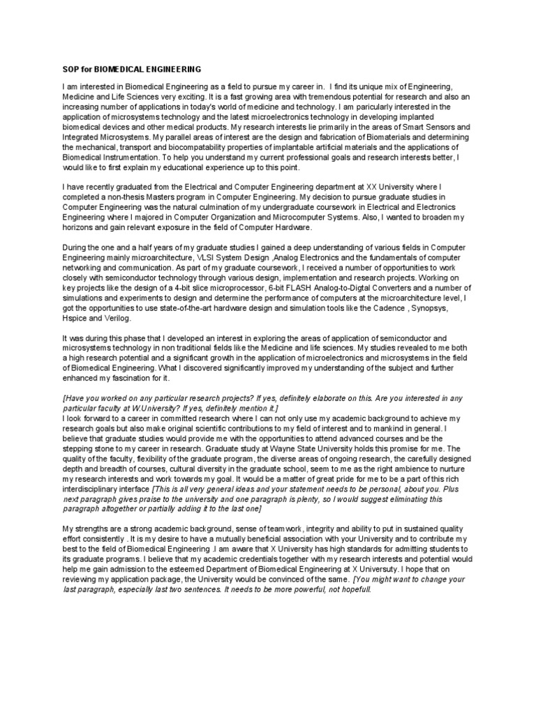 Biomedical Engineering Statement of Purpose | PDF | Biomedical ...