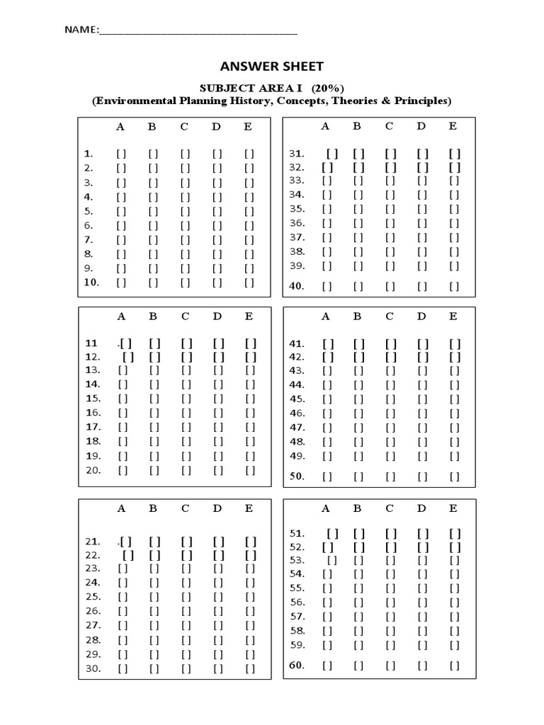 EnP Board Exam Simulation Answer Sheet - Subject Area 1 Final | PDF