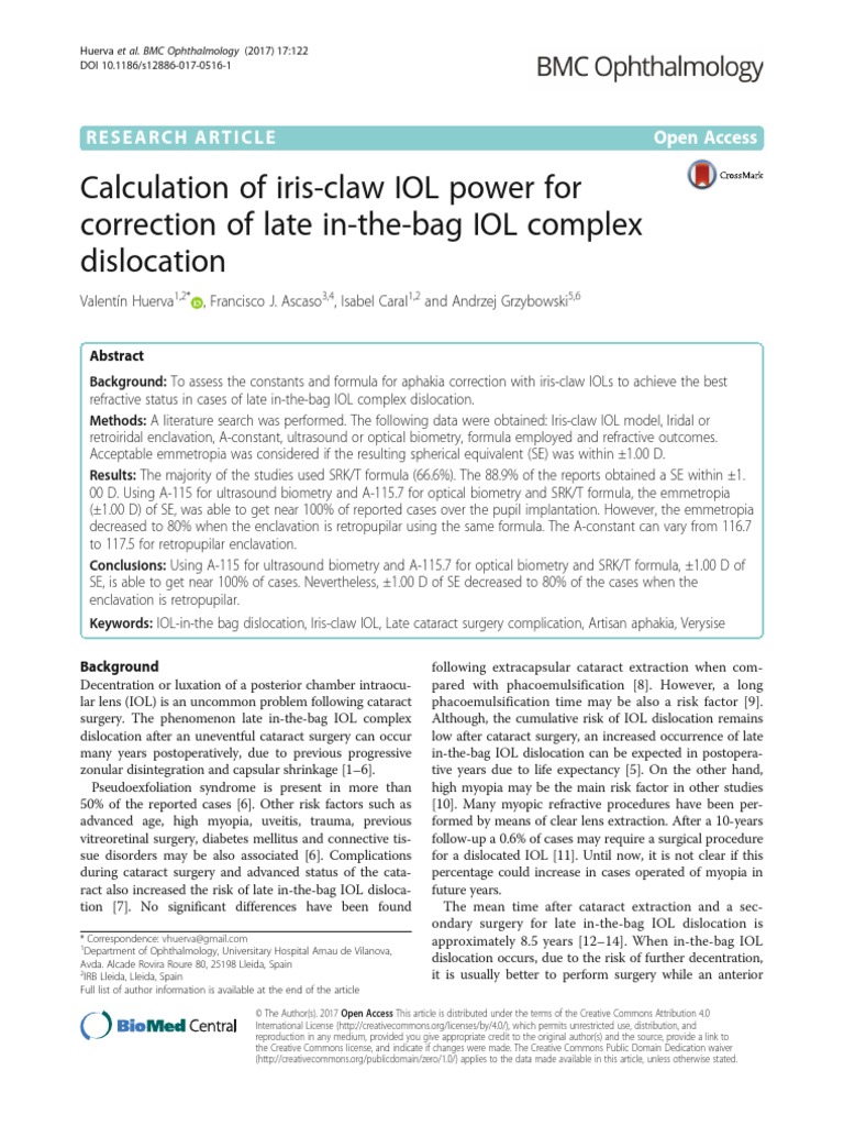 Calculation of Iris-Claw IOL Power For Correction of Late In-The-Bag ...