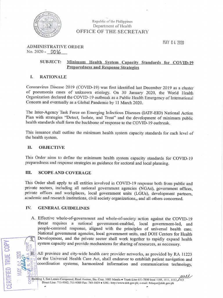 Ao 2020-0016 Minimum Health System Capacity Standards For Covid-19 ...