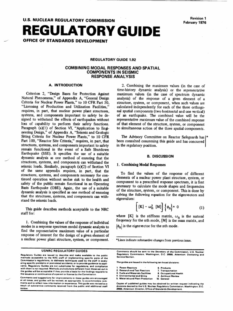 Seismic Response Analysis Guide 1.92 | PDF | Nuclear Regulatory ...