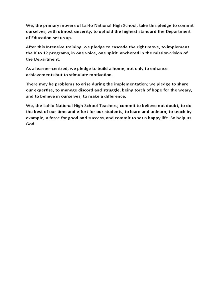 Commitment to Excellence: A Pledge by Teachers of Lal-lo National High ...