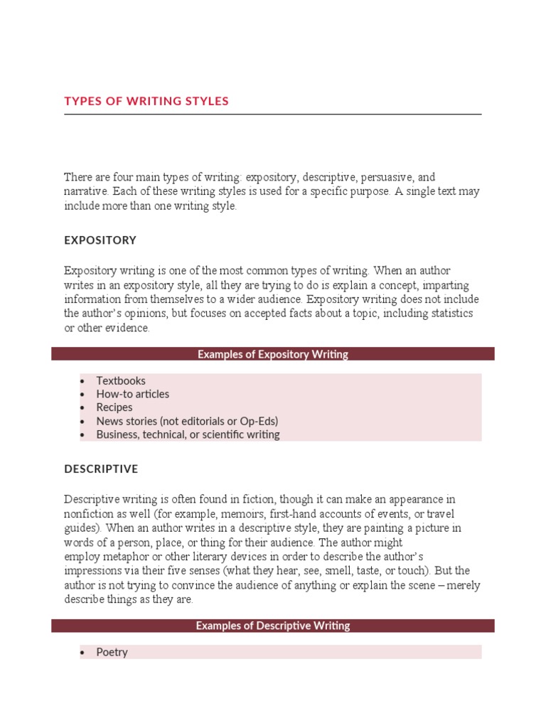 4 Main Writing Styles: Expository, Descriptive, Persuasive & Narrative ...