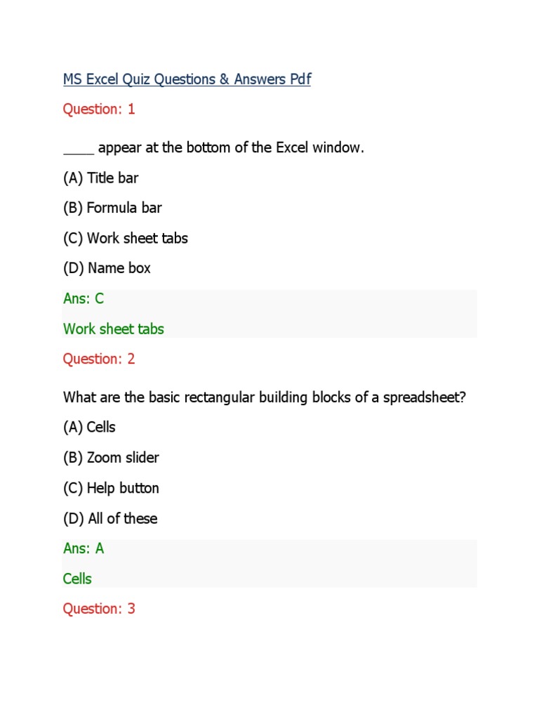 MS Excel Quiz & Worksheet Answers | PDF