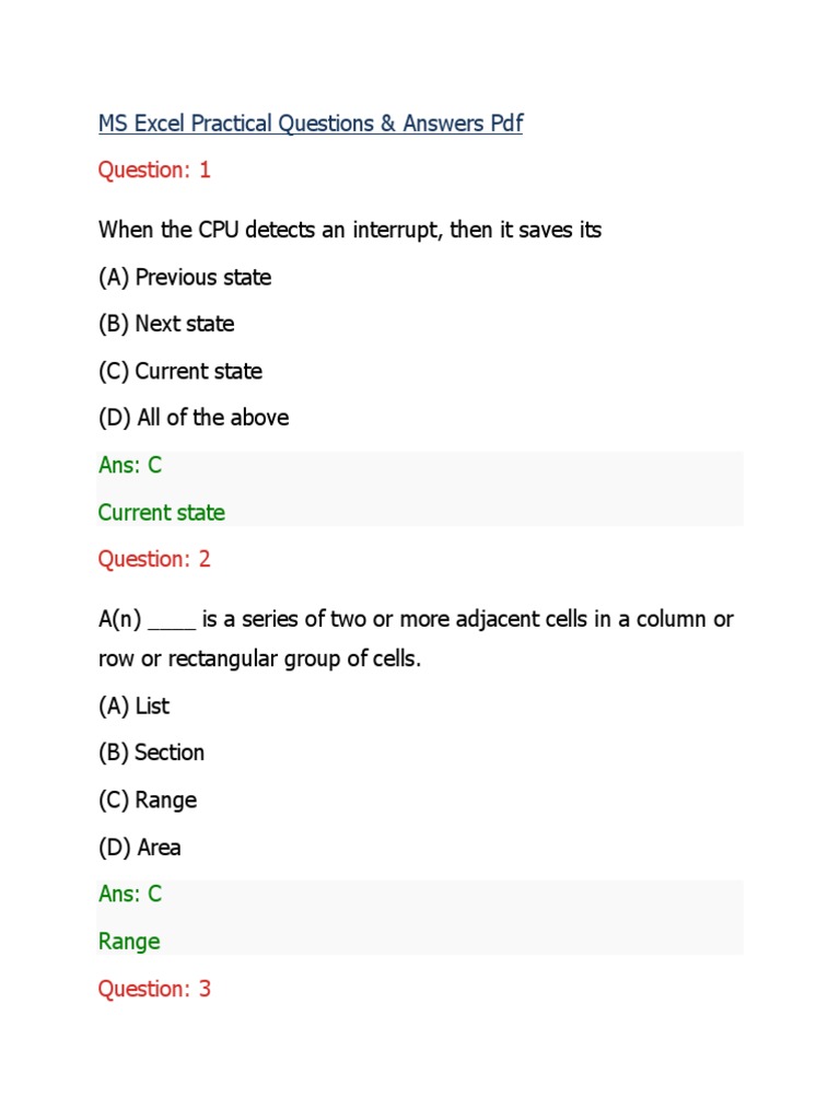 MS Excel Practical Questions & Answers PDF: Ans: C Current State | PDF