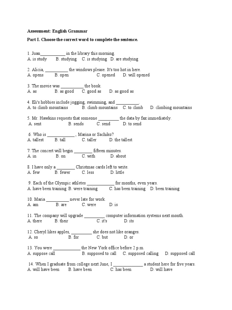 Assessment: English Grammar Part I. Choose The Correct Word To Complete ...