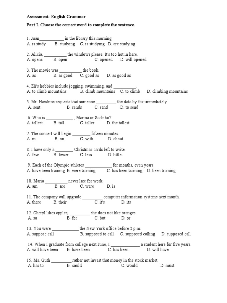 Assessment: English Grammar Part I. Choose The Correct Word To Complete ...