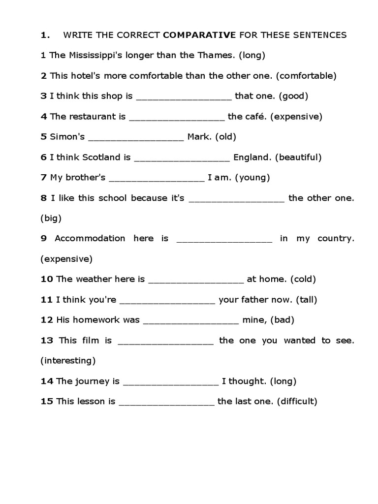 Write The Correct Comparative For These Sentences | PDF