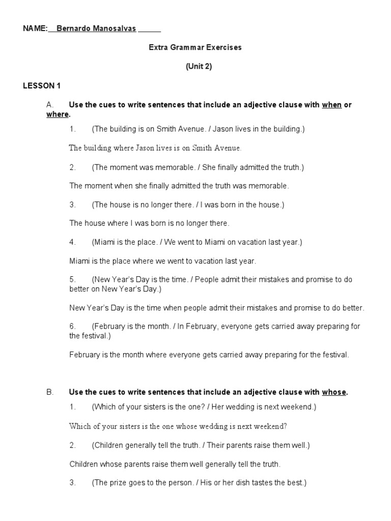 Unit 2 Extra Grammar Activities | PDF