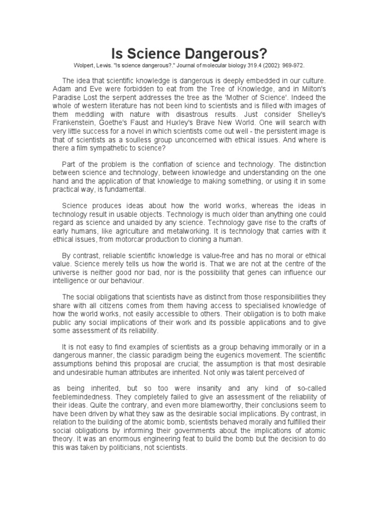Wolpert, Lewis. "Is Science Dangerous?." Journal of Molecular Biology ...