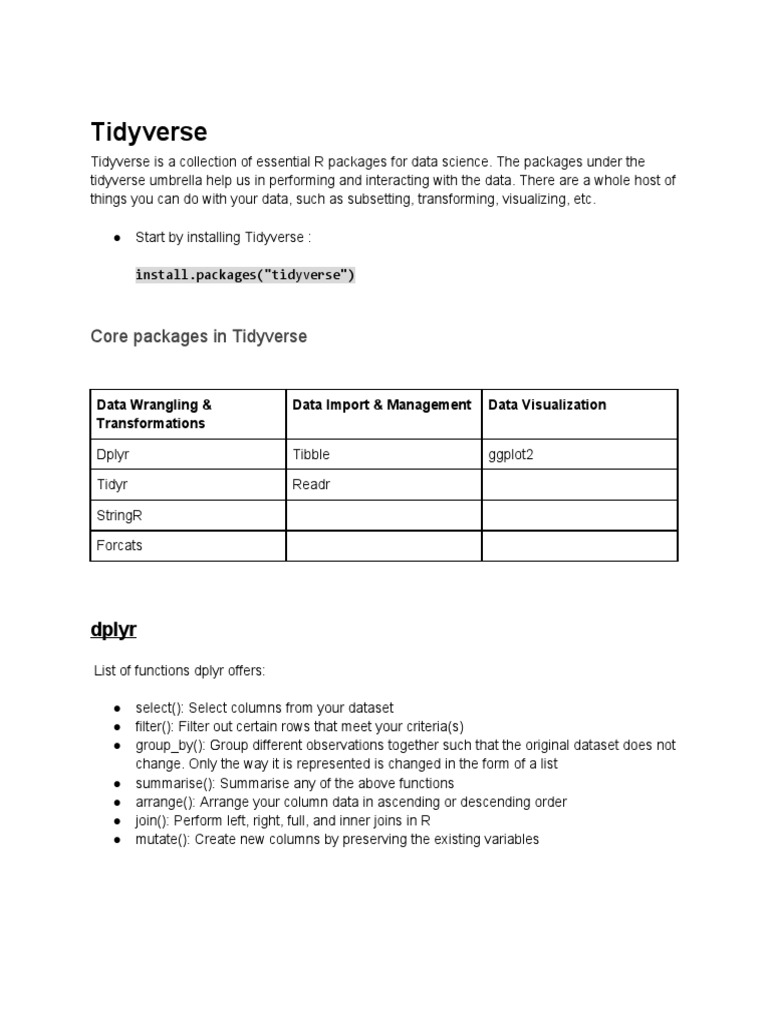 Tidyverse: Core Packages in Tidyverse | PDF | R (Programming Language ...