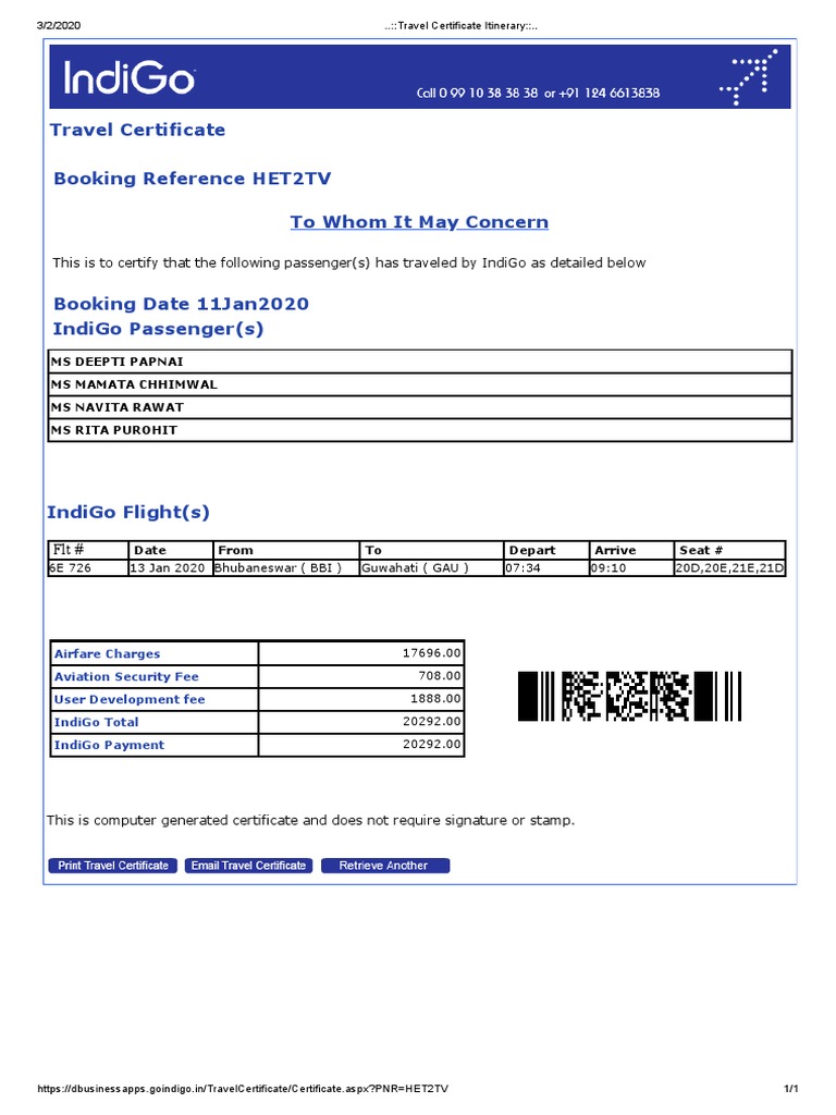 IndiGo Travel Certificate Sample | PDF