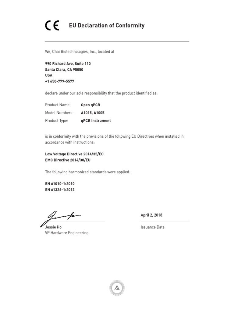 EU Declaration of Conformity: 990 Richard Ave, Suite 110 Santa Clara ...