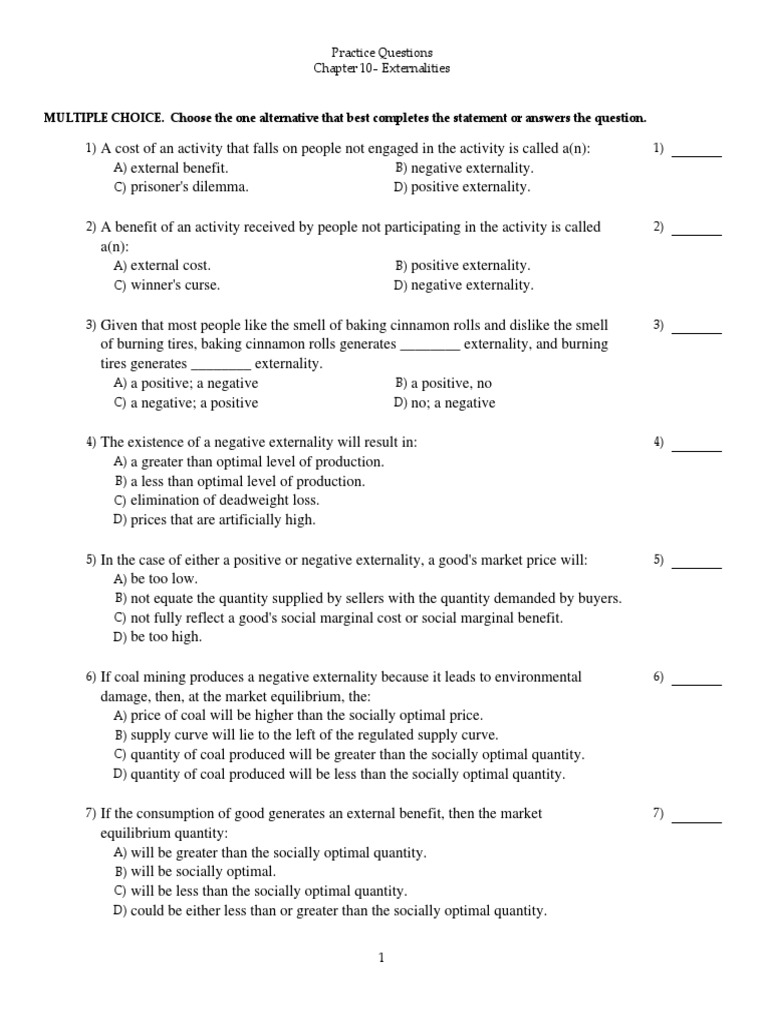 Externalities Quiz for Economics Students | PDF | Externality ...