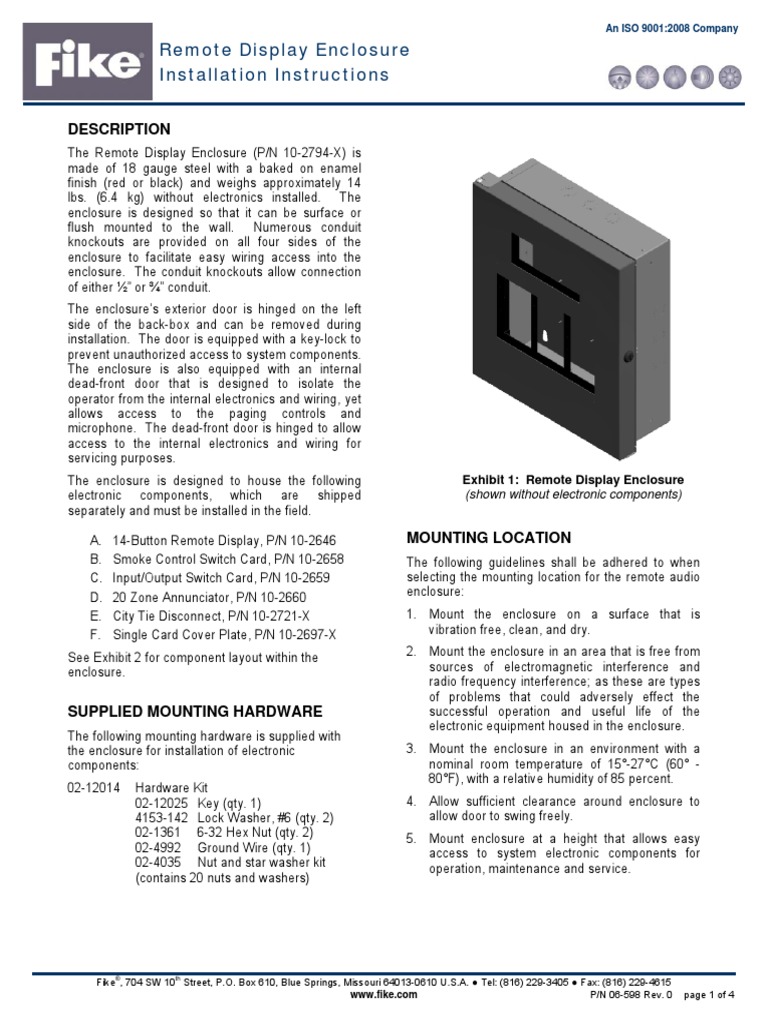 Remote Display Enclosure Installation Instructions: Description | PDF ...