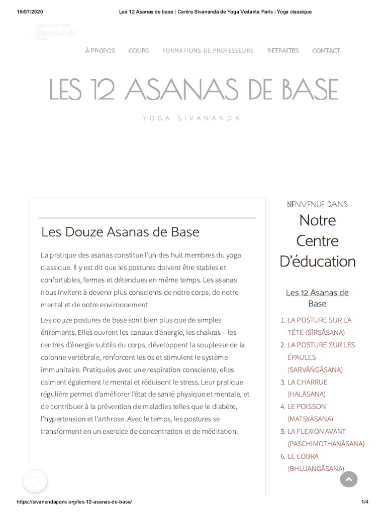 Les 12 Asanas de Base - Centre Sivananda de Yoga Vedanta Paris - Yoga ...
