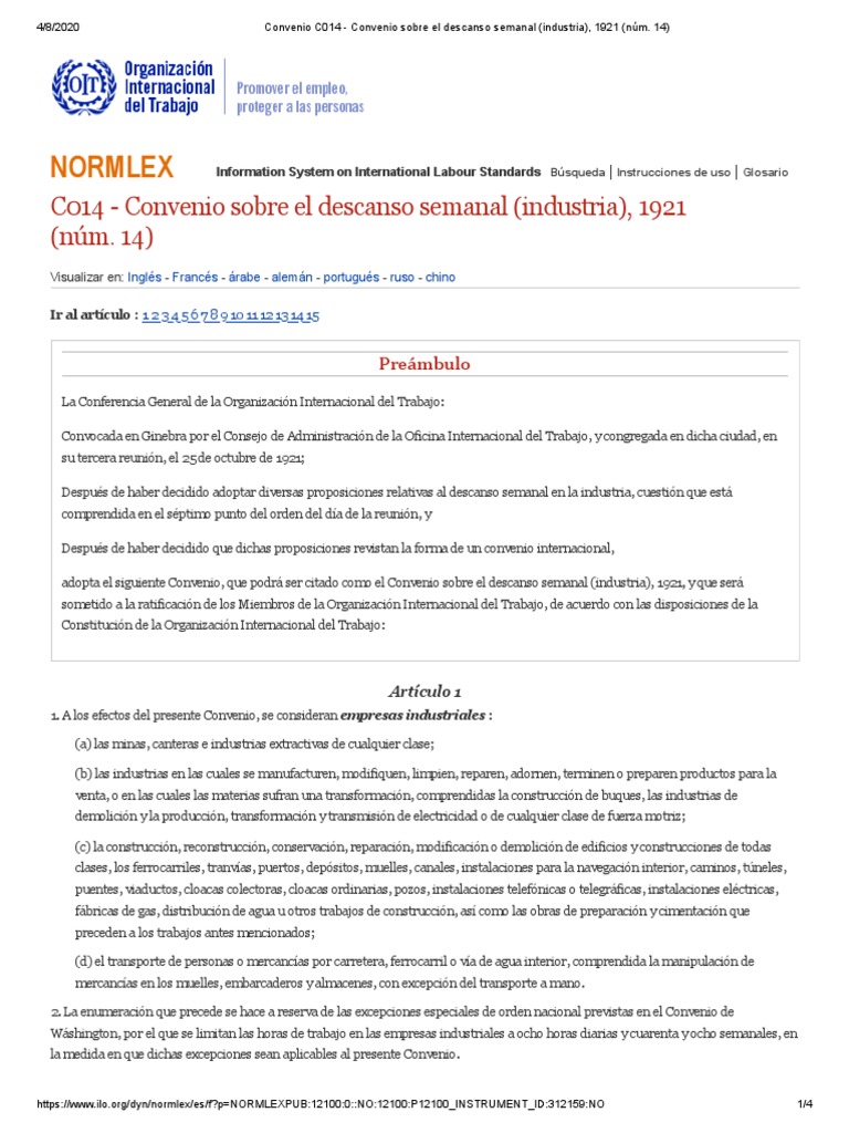 Convenio C014 - Convenio Sobre El Descanso Semanal (Industria), 1921 ...