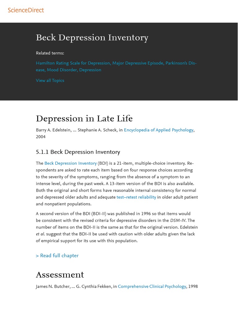 Beck Depression Inventory - An Overview (PDF) - ScienceDirect Topics ...