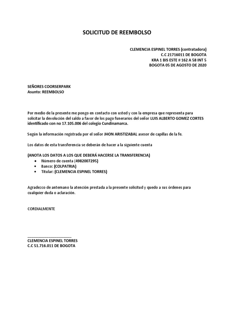 Formato Carta de Devolución de Dinero | PDF | Finanzas y dinero