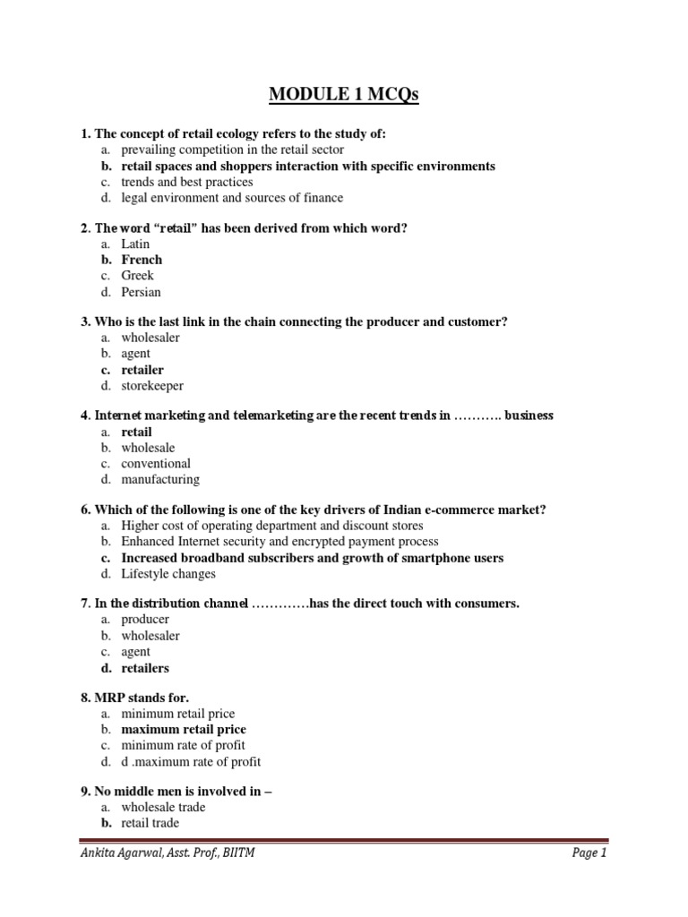 Module 1 MCQS: Ankita Agarwal, Asst. Prof., BIITM | Download Free PDF | Retail | Mail Order