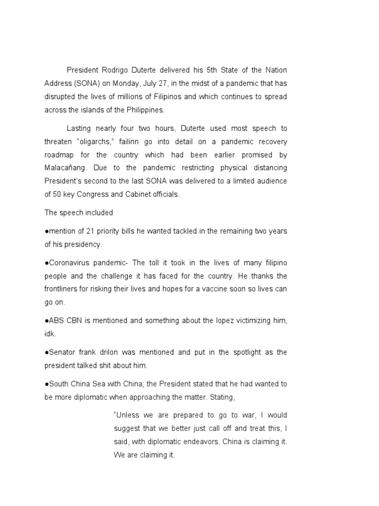 Duterte's 2020 SONA Highlights | PDF