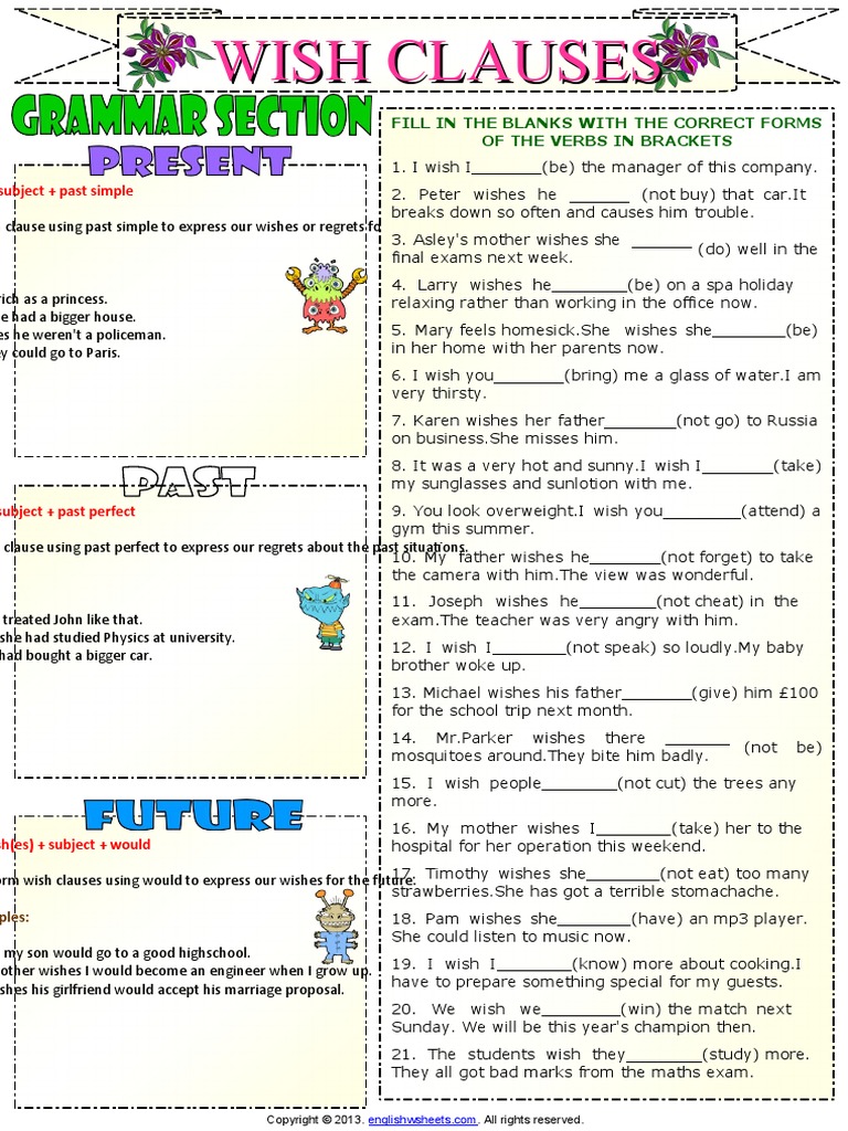 Wish Clauses Worksheet Grammar Explanation | PDF | Grammar | Language ...