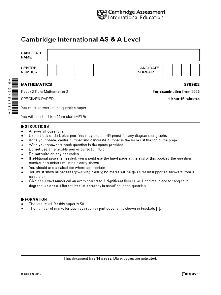 Cambridge International AS & A Level: MATHEMATICS 9709/02 | PDF ...